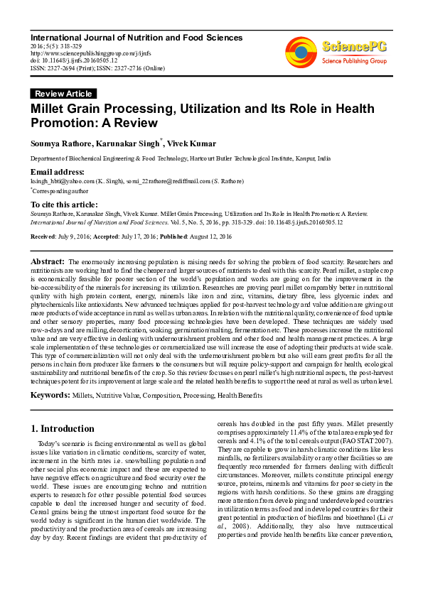 (PDF) Millet Grain Processing, Utilization and Its Role in Health Promotion: A Review | SOUMYA ...