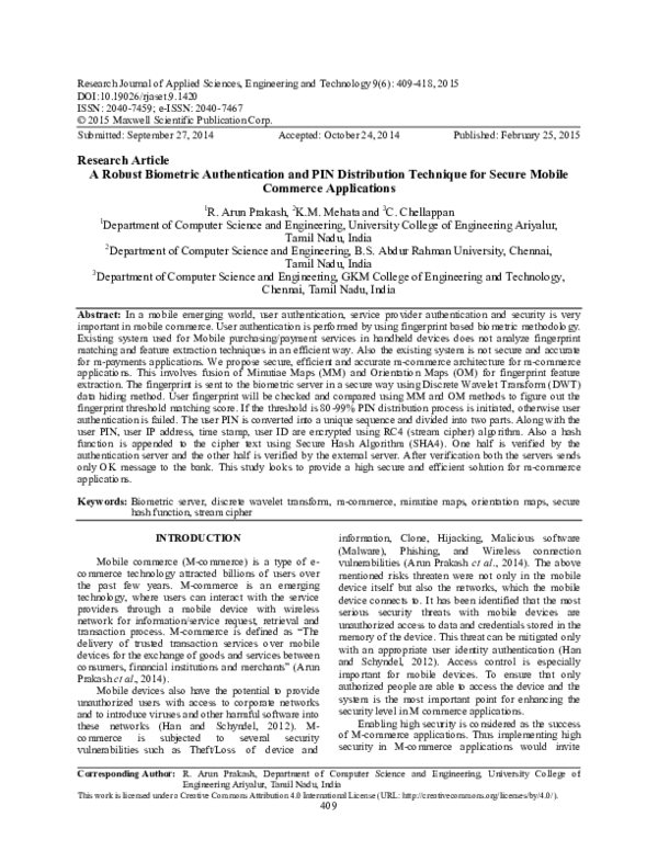 (PDF) A Robust Biometric Authentication and PIN Distribution Technique for Secure Mobile ...