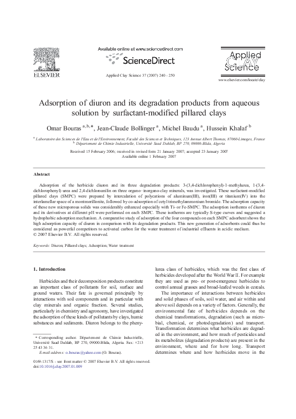 (PDF) Adsorption of diuron and its degradation products from aqueous solution by surfactant ...