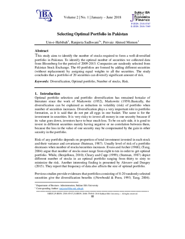 (PDF) Selecting Optimal Portfolio in Pakistan
