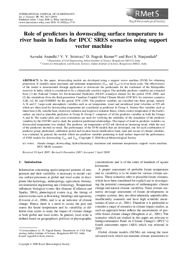 (PDF) Role of predictors in downscaling surface temperature to river basin in India for IPCC ...