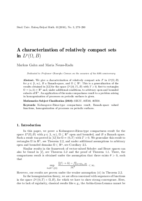 (PDF) A characterization of relatively compact sets in L p ( Ω , B )