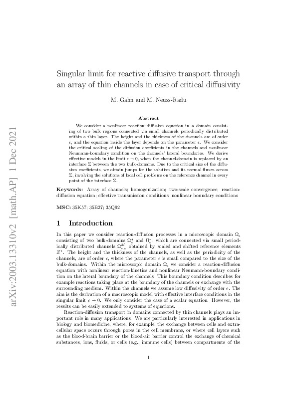 (PDF) Singular Limit for Reactive Diffusive Transport Through an Array ...