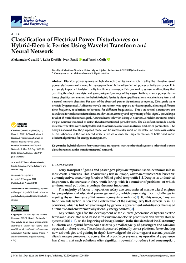Pdf Classification Of Electrical Power Disturbances On Hybrid Electric Ferries Using Wavelet