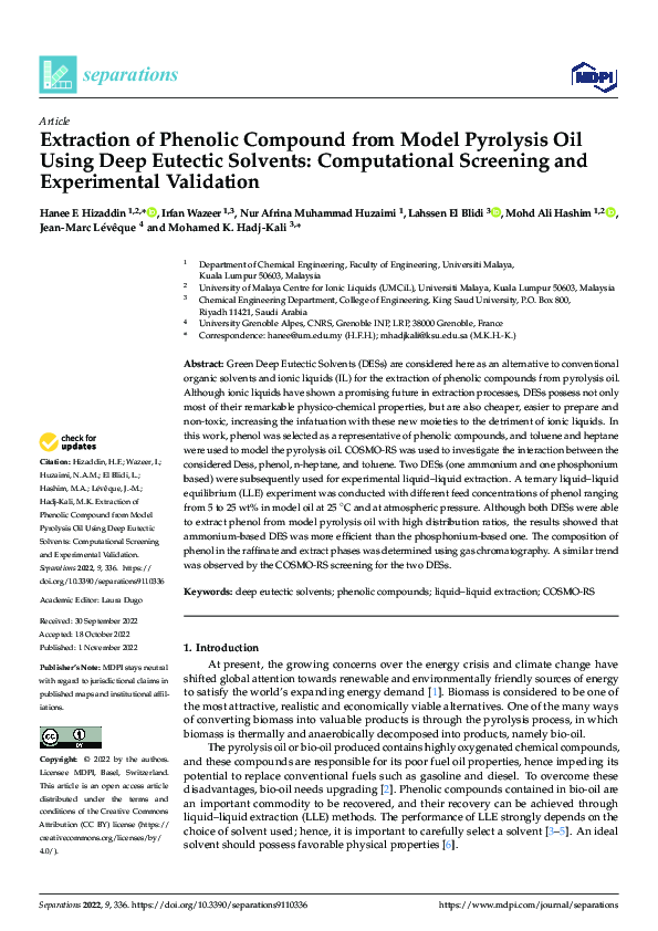 (PDF) Extraction of Phenolic Compound from Model Pyrolysis Oil Using Deep Eutectic Solvents ...