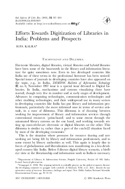 (PDF) Efforts Towards Digitization of Libraries in India: Problems and ...
