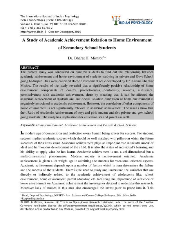 (PDF) A Study of Academic Achievement Relation to Home Environment of Secondary School Students