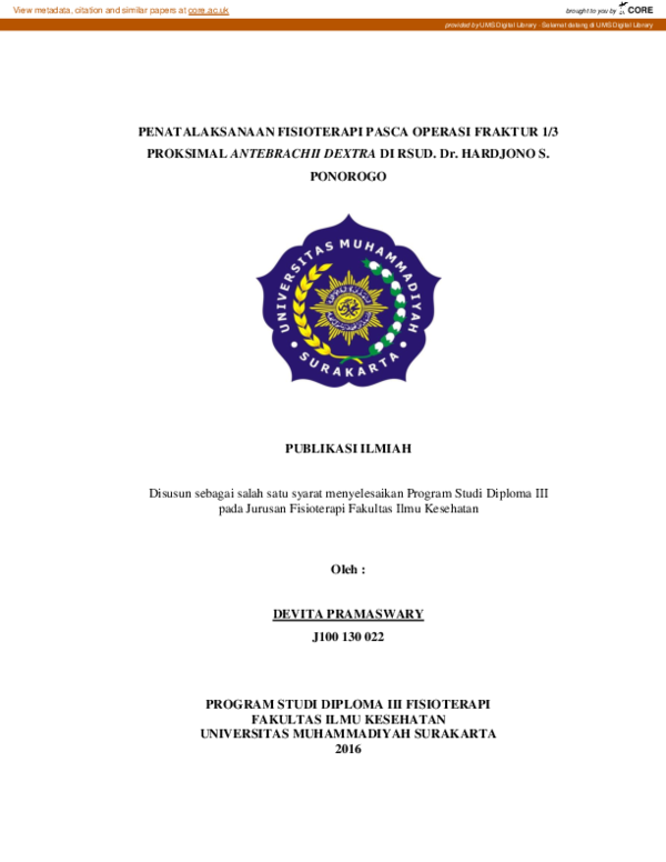 (PDF) Penatalaksanaan Fisioterapi Pasca Operasi Fraktur 1/3 Proksimal ...