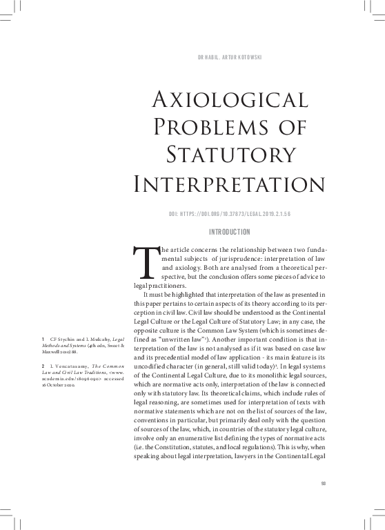 (PDF) Axiological Problems of Statutory Interpretation
