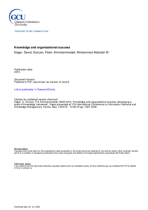 (PDF) Knowledge And Organisational Success: Developing A Scale Of ...