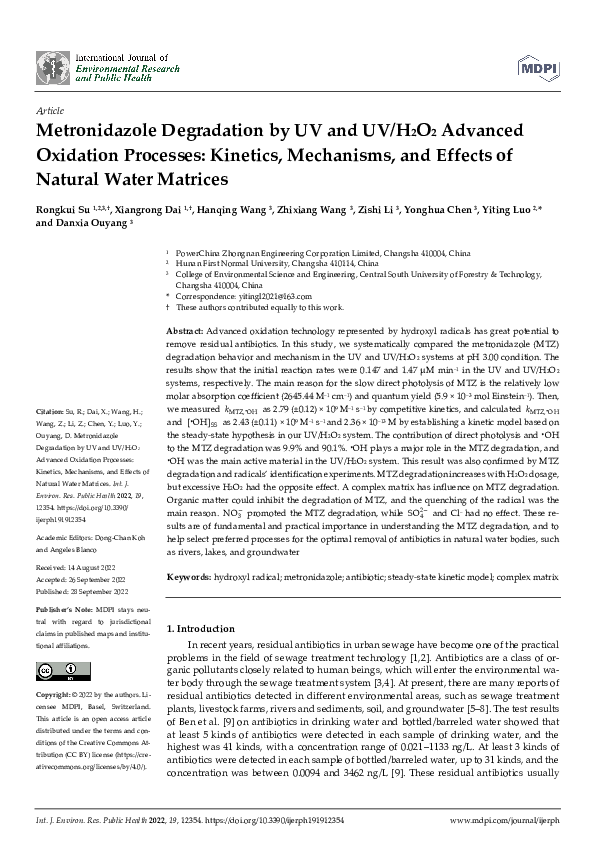 (PDF) Metronidazole Degradation by UV and UV/H2O2 Advanced Oxidation Processes: Kinetics ...
