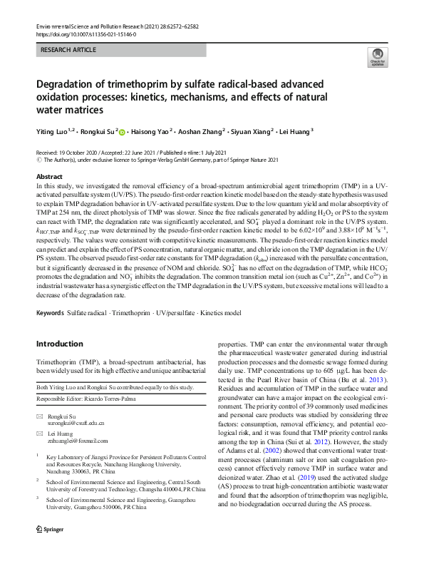 (PDF) Degradation of trimethoprim by sulfate radical-based advanced ...
