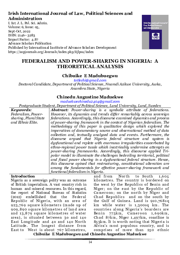 (PDF) FEDERALISM AND POWER-SHARING IN NIGERIA: A THEORETICAL ANALYSIS