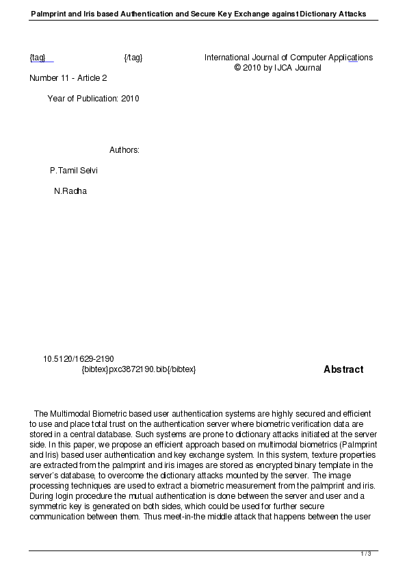 (PDF) Palmprint and Iris based Authentication and Secure Key Exchange ...