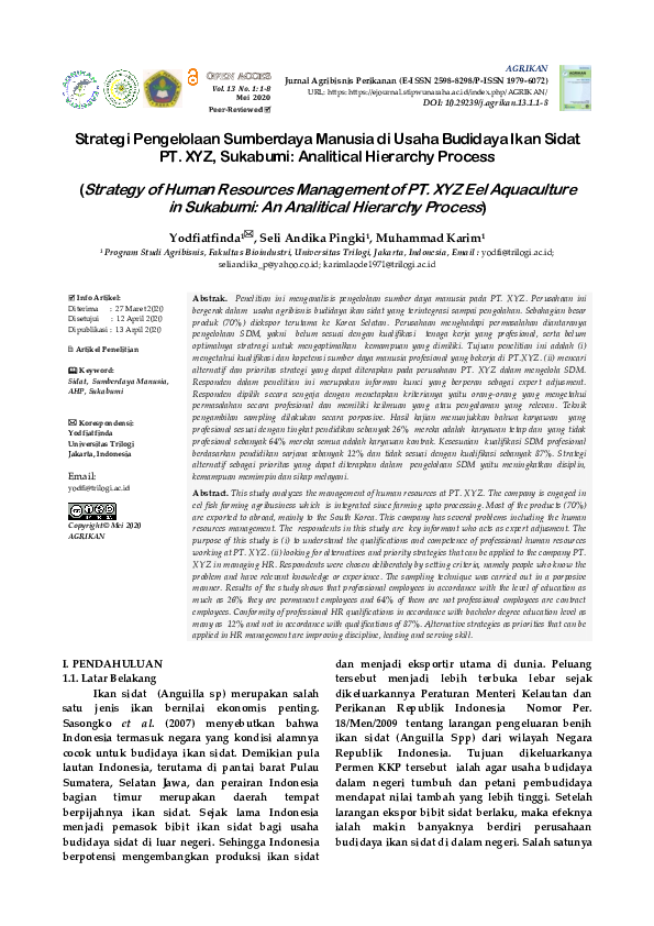 (PDF) Strategi Pengelolaan Sumberdaya Manusia di Usaha Budidaya Ikan Sidat PT XYZ, Sukabumi ...