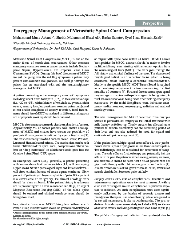 (PDF) Emergency Management of Metastatic Spinal Cord Compression