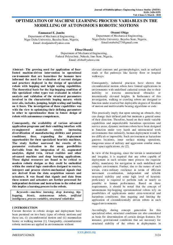 Optimization of Machine Learning Process Variables in the Modelling of Autonomous Robotic Motions