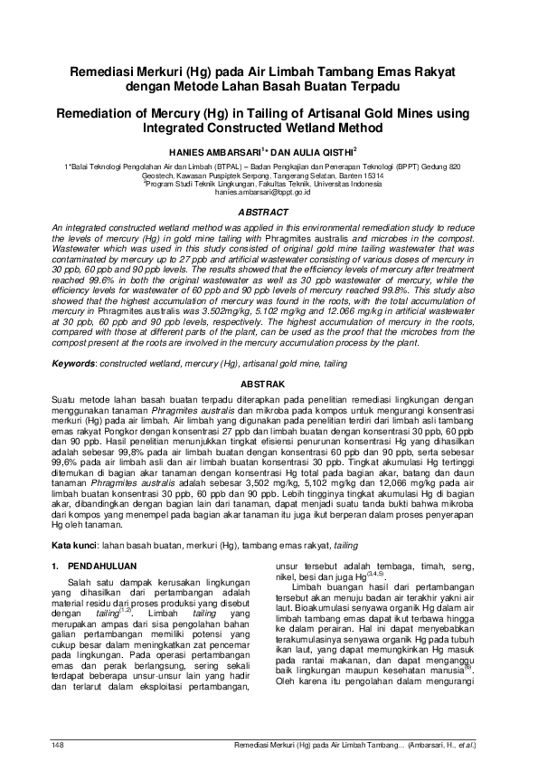 (PDF) Remediasi Merkuri (Hg) pada Air Limbah Tambang Emas Rakyat Dengan ...