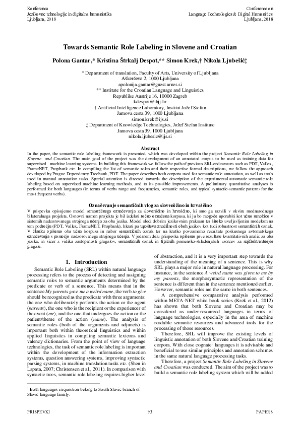(PDF) Towards Semantic Role Labeling in Slovene and Croatian | Polona Gantar - Academia.edu