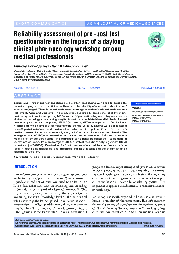 (PDF) Reliability assessment of pre -post test questionnaire on the ...