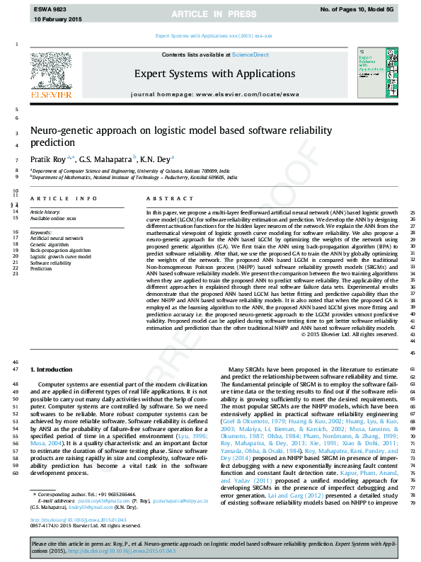 Pdf Neuro Genetic Approach On Logistic Model Based Software Reliability Prediction