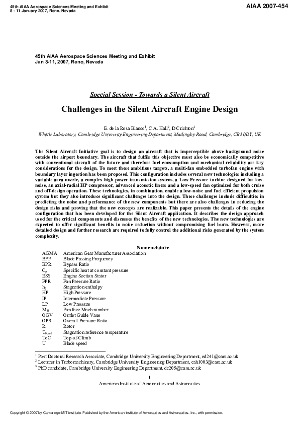 (PDF) Challenges in the Silent Aircraft Engine Design