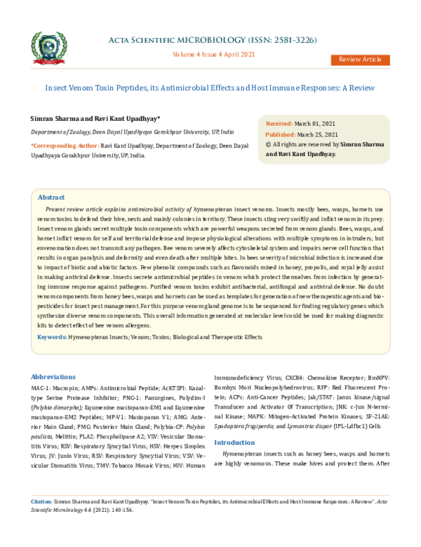 (PDF) Insect Venom Toxin Peptides, its Antimicrobial Effects and Host ...