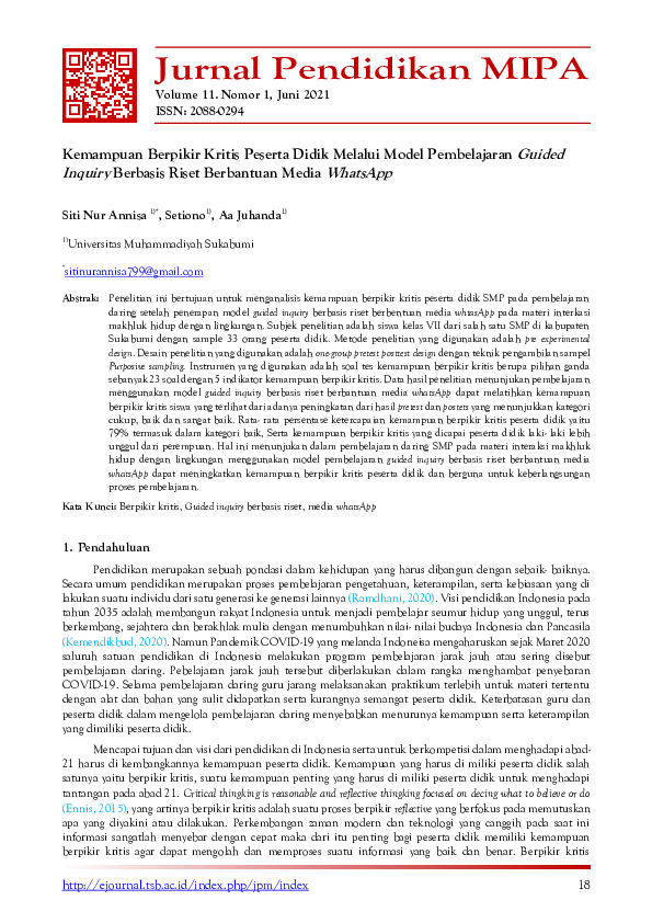 (PDF) Kemampuan Berpikir Kritis Peserta Didik Melalui Model Pembelajaran Guided Inquiry Berbasis ...