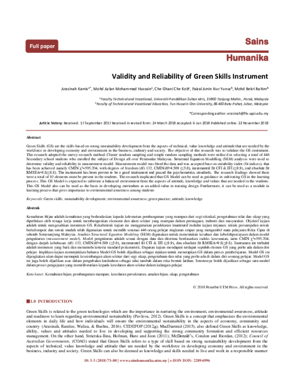 (PDF) Validity and Reliability of Green Skills Instrument