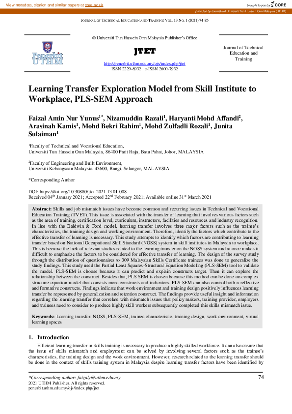 (PDF) Learning Transfer Exploration Model from Skill Institute to Workplace, PLS-SEM Approach