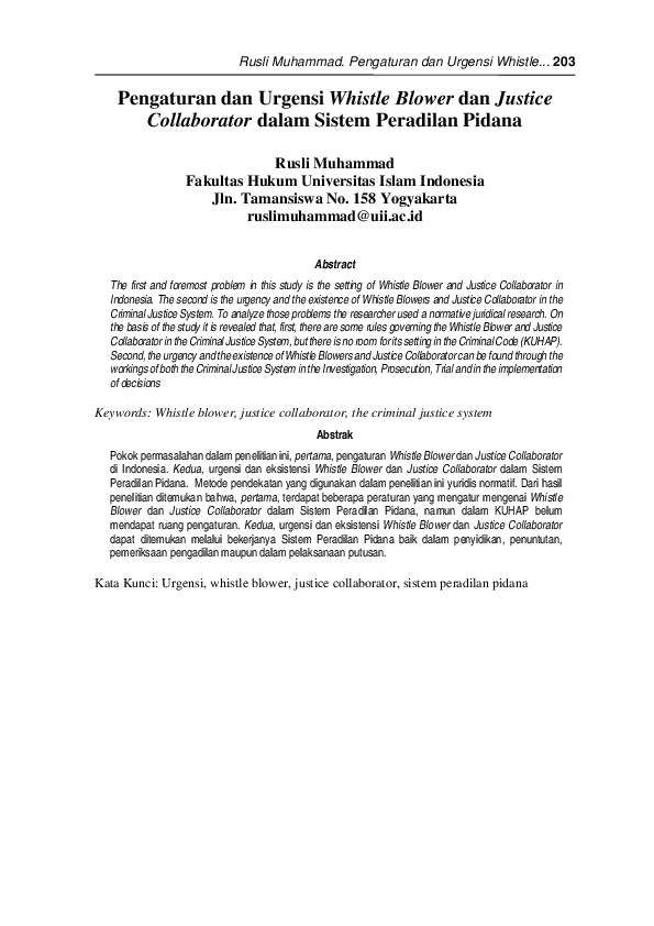 (PDF) Pengaturan dan Urgensi Whistle Blower dan Justice Collaborator dalam Sistem Peradilan Pidana