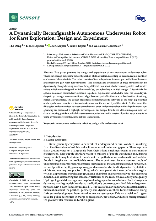 (PDF) A Dynamically Reconfigurable Autonomous Underwater Robot for Karst Exploration: Design and ...