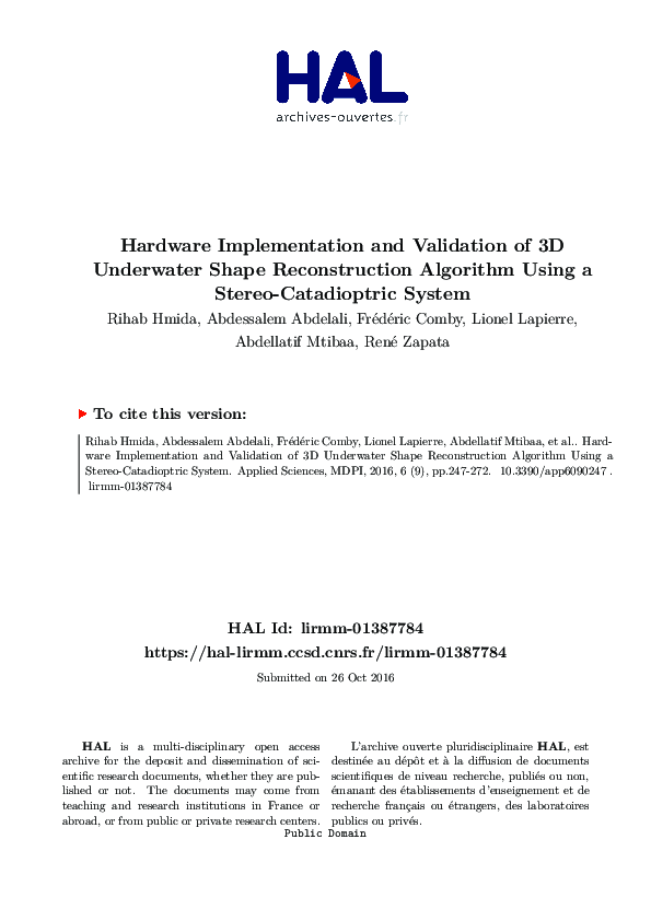 Pdf Hardware Implementation And Validation Of 3d Underwater Shape Reconstruction Algorithm