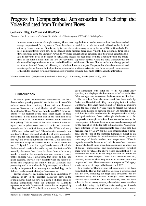 (PDF) Progress in Computational Aeroacoustics in Predicting the Noise Radiated from Turbulent Flows