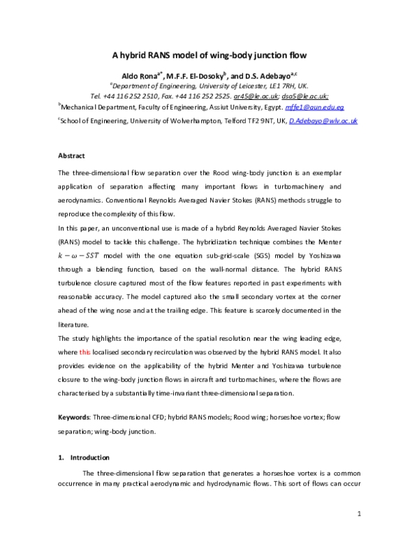 (PDF) A hybrid RANS model of wing-body junction flow