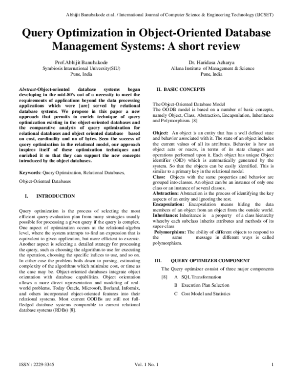 (PDF) Query Optimization in Object-Oriented Database Management Systems : A short review