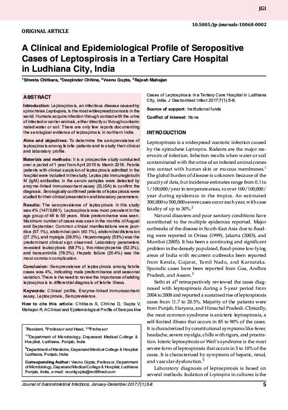 (PDF) A Clinical and Epidemiological Profile of Seropositive Cases of Leptospirosis in a ...