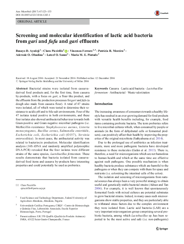 (PDF) Screening and molecular identification of lactic acid bacteria from gari and fufu and gari ...