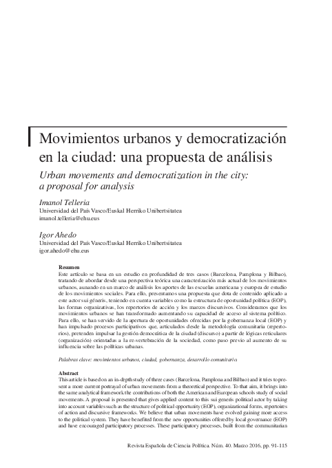 (PDF) Urban movements and democratization in the city: a proposal for ...