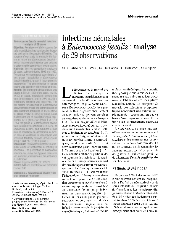 (PDF) Infections néonatales à Enterococcus fæcalis : analyse de 29 observations