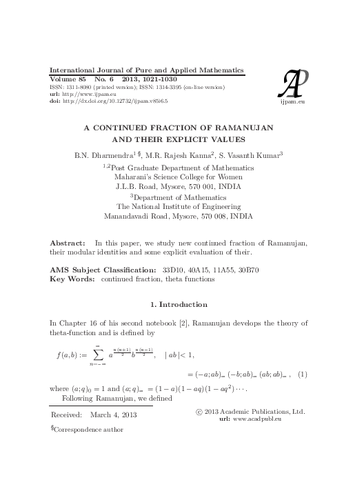 (PDF) A Continued Fraction of Ramanujan and Their Explicit Values