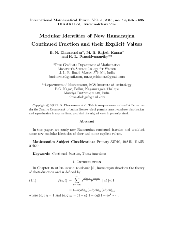 (PDF) Modular identities of new Ramanujan continued fraction and their explicit values