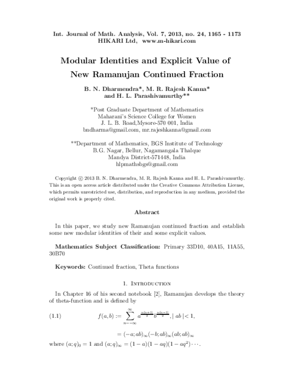 Pdf Modular Identities And Explicit Value Of New Ramanujan Continued Fraction