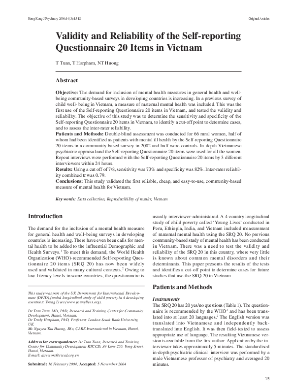 (PDF) Validity and reliability of the Self-reporting Questionnaire 20 Items in Vietnam