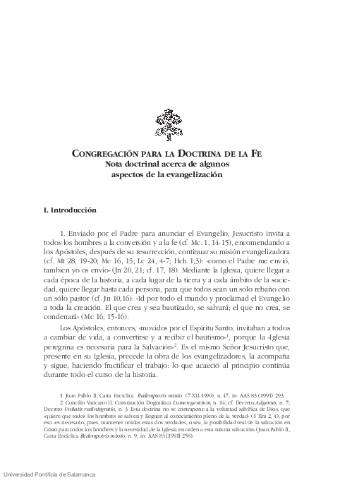 (PDF) CONGREGACIÓN PARA LA DOCTRINA DE LA FE: Nota doctrinal acerca de algunos aspectos de la ...