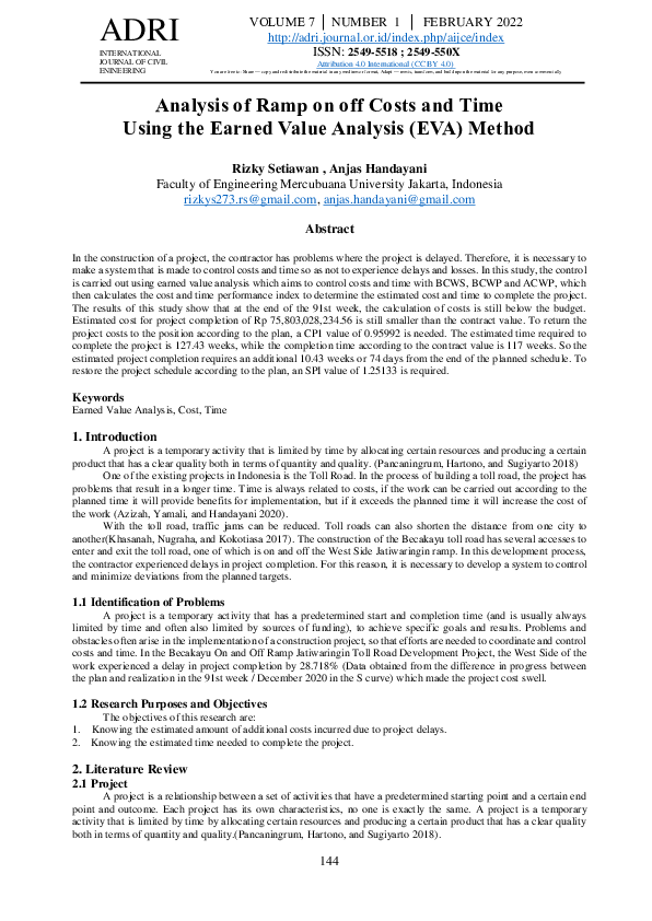 (PDF) Analysis of Ramp on Off Costs And Time Using the Earned Value Analysis (EVA) Method