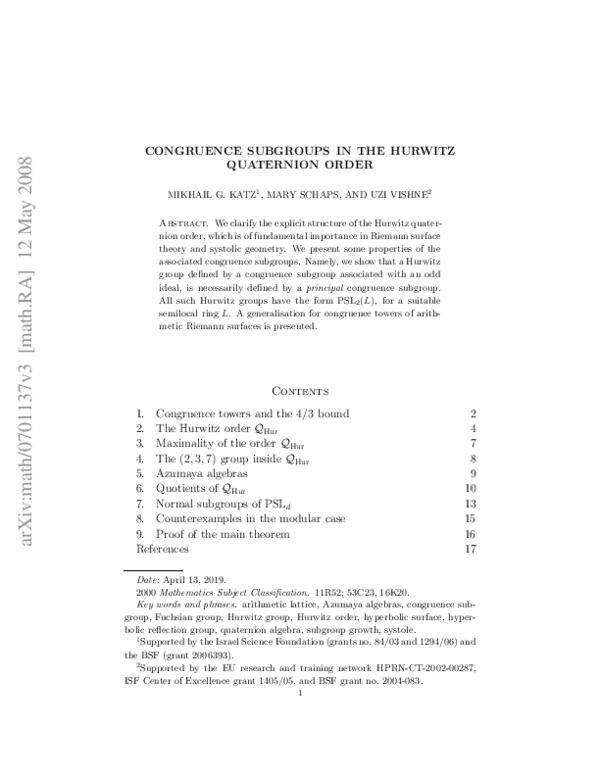 Pdf Congruence Subgroups In The Hurwitz Quaternion Order