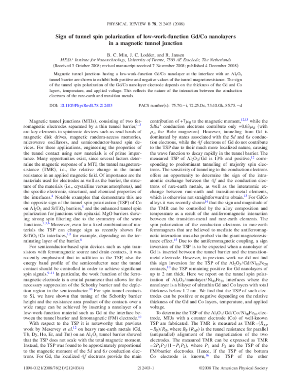 (PDF) Sign of tunnel spin polarization of low-work-function Gd/Co ...