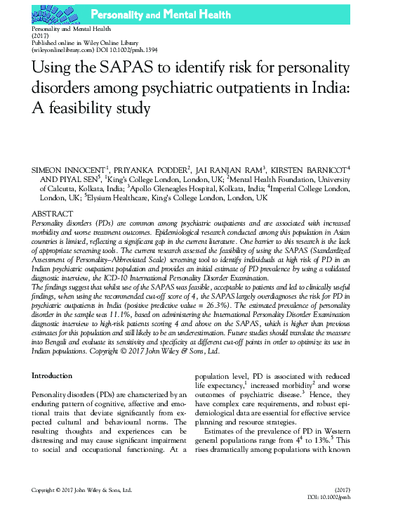 (PDF) Using the SAPAS to identify risk for personality disorders among ...