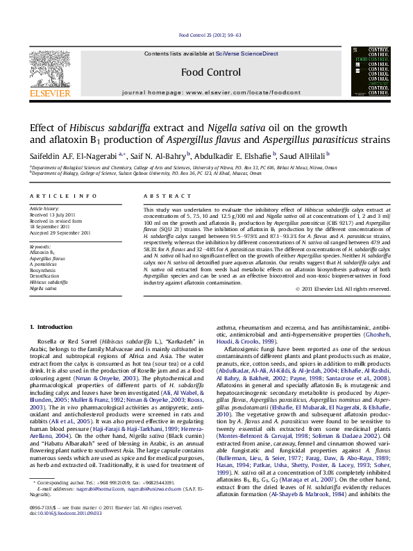 (PDF) Effect of Hibiscus sabdariffa extract and Nigella sativa oil on the growth and aflatoxin ...
